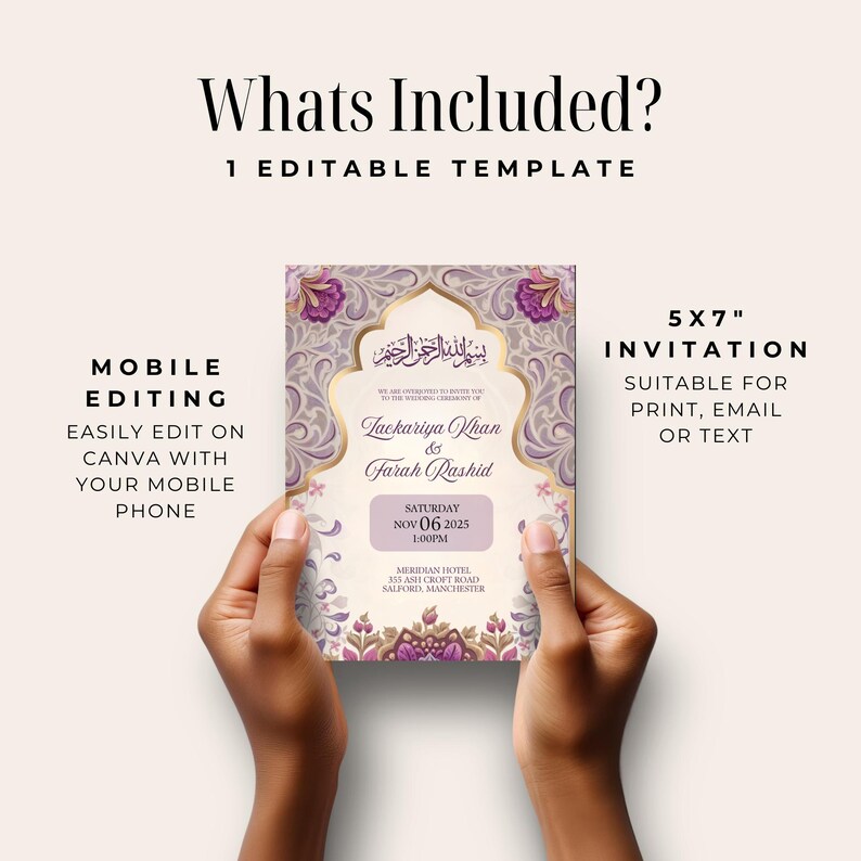 Elegant Islamic Nikkah Wedding Invitation: Purple Floral Canva Template ...