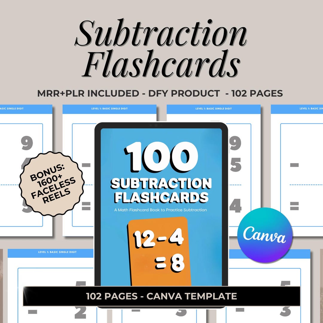 Subtraction Flashcards Canva Template, Math Learning Cards, Printable ...