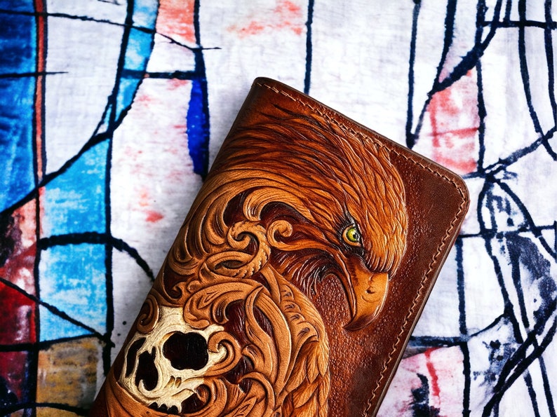Handmade Eagle & Skull Long Wallet, Leather Carving Long Wallet, Long ...
