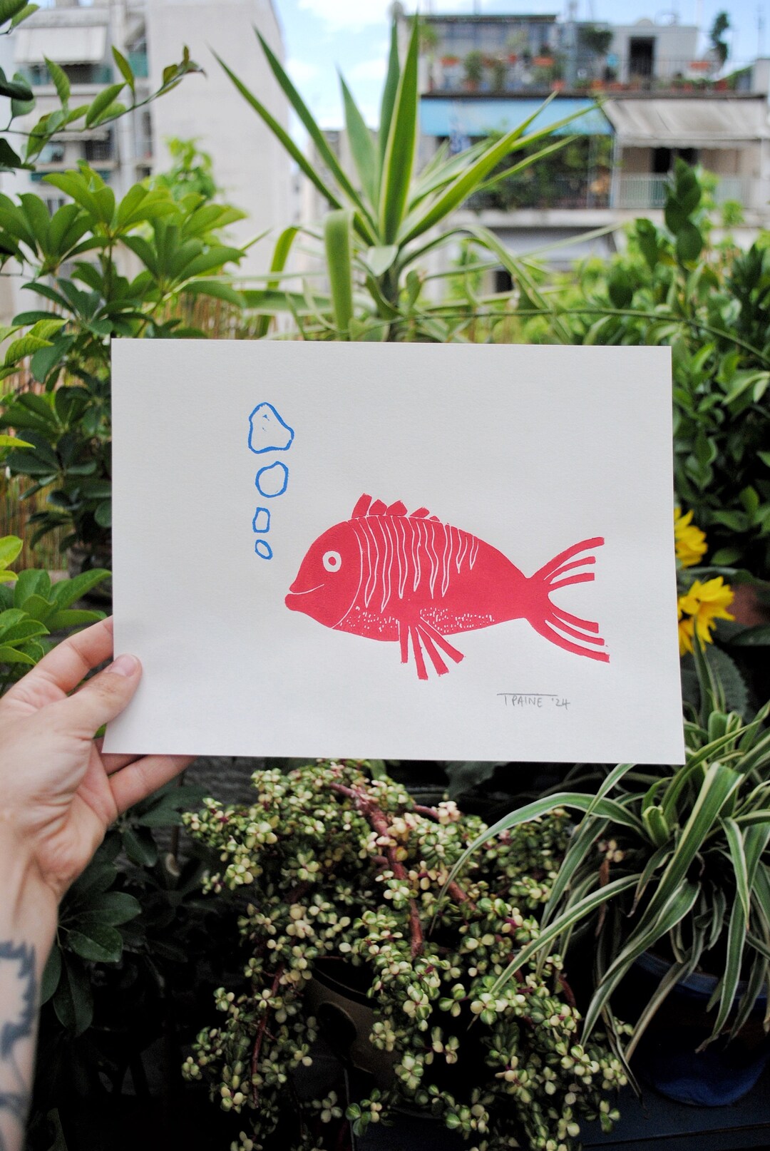 Pink Fish With Blue Bubbles, Two Colour Lino Print. - Etsy