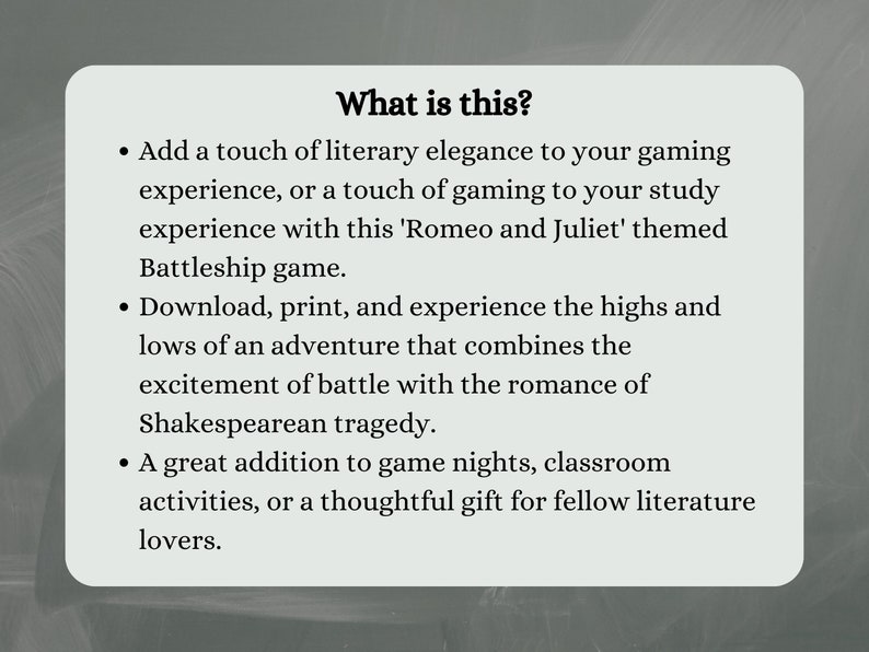 Romeo & Juliet Battleship Printable Battleship Game and Study Aid for ...