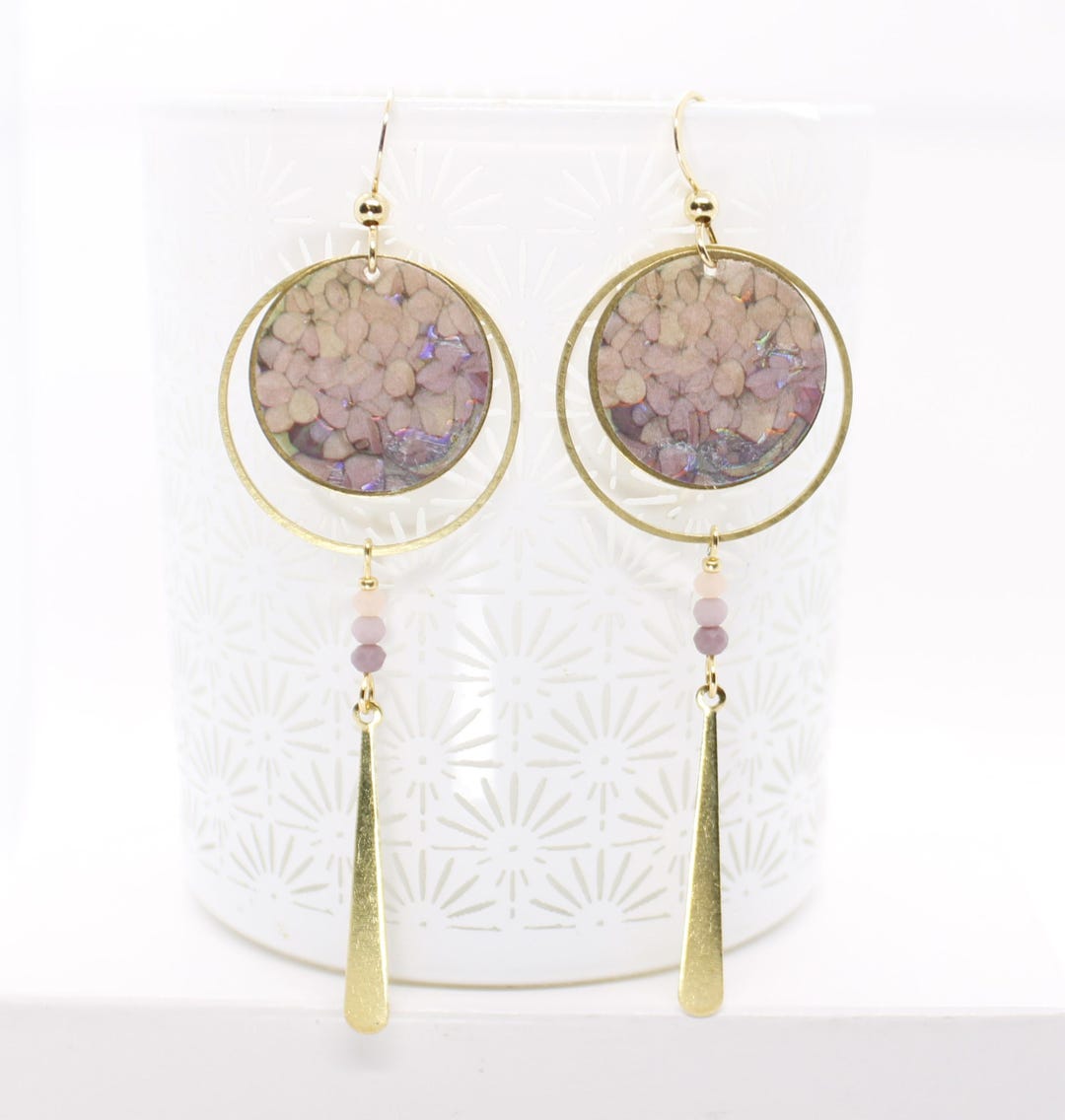 Long and Thin Romantic Hydrangea Flower Earrings in Mauve to Plum or ...