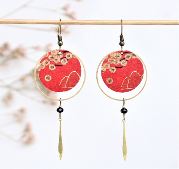 Japanese long earrings Red Black and Bronze Hanaki Model: | Etsy