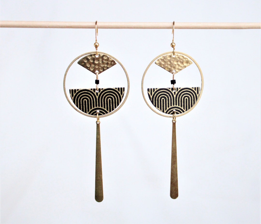 ZEN Earrings Inspired by Japandi, Black and Gold, Whimsical Round ...