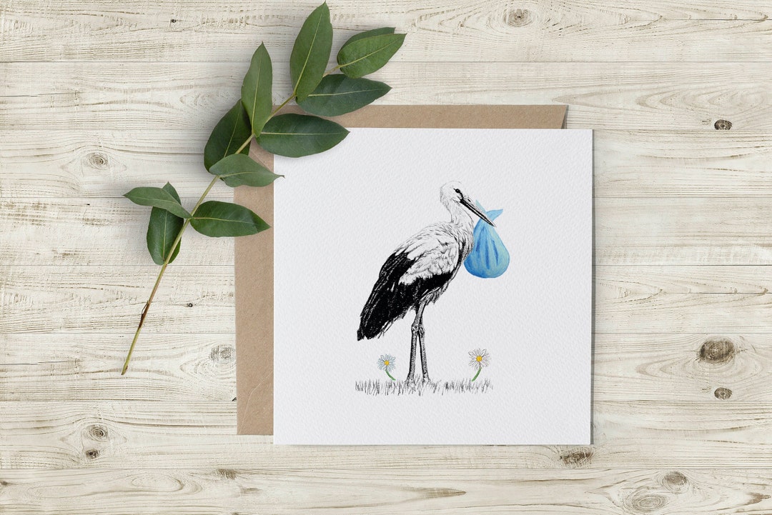 Stork Card,congratulations Baby Boy,new Baby Animal Card,baby Arrival ...