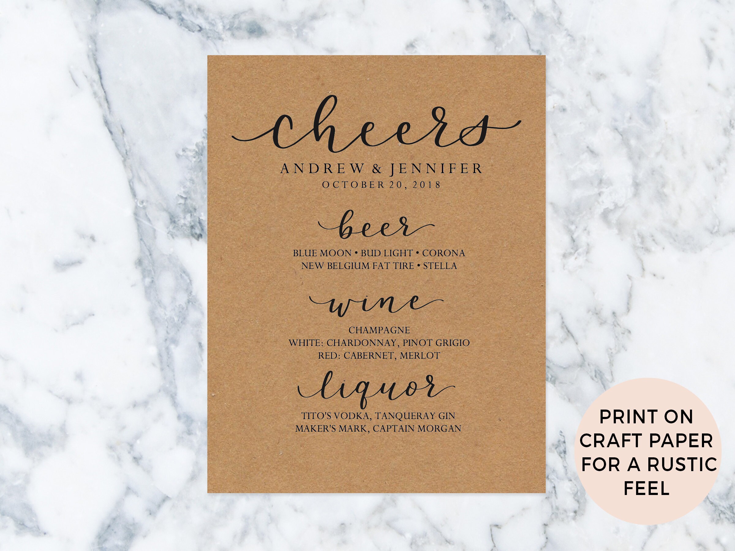 Cheers Editable Drink Menu, Bar Menu, Calligraphy Wedding, Beer Wine ...