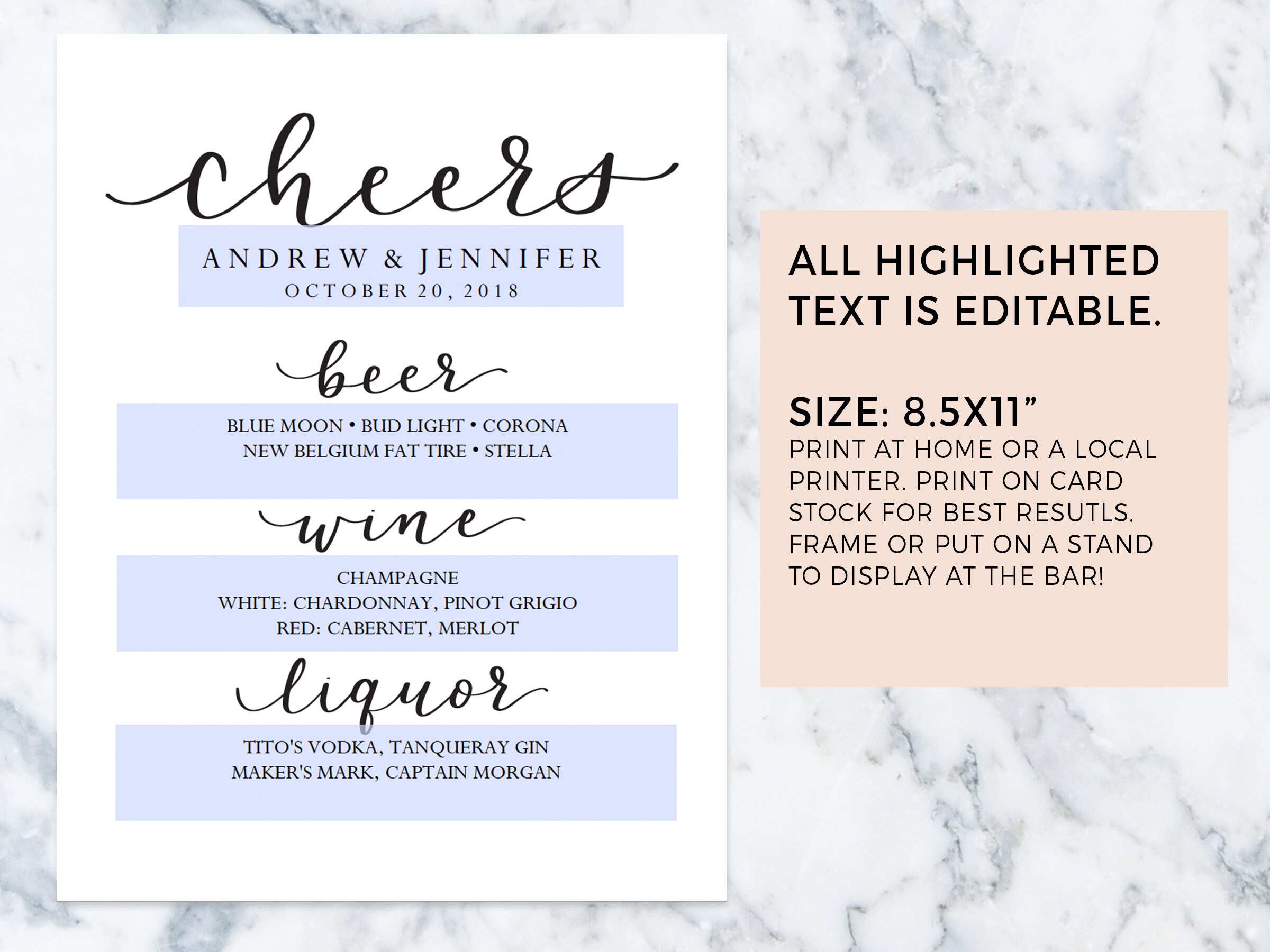 Cheers Editable Drink Menu, Bar Menu, Calligraphy Wedding, Beer Wine ...