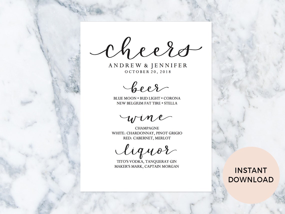 Cheers Editable Drink Menu, Bar Menu, Calligraphy Wedding, Beer Wine ...