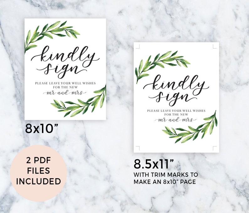 Kindly Sign Wedding Guestbook, Greenery Leaves Garden, Well Wishes for ...