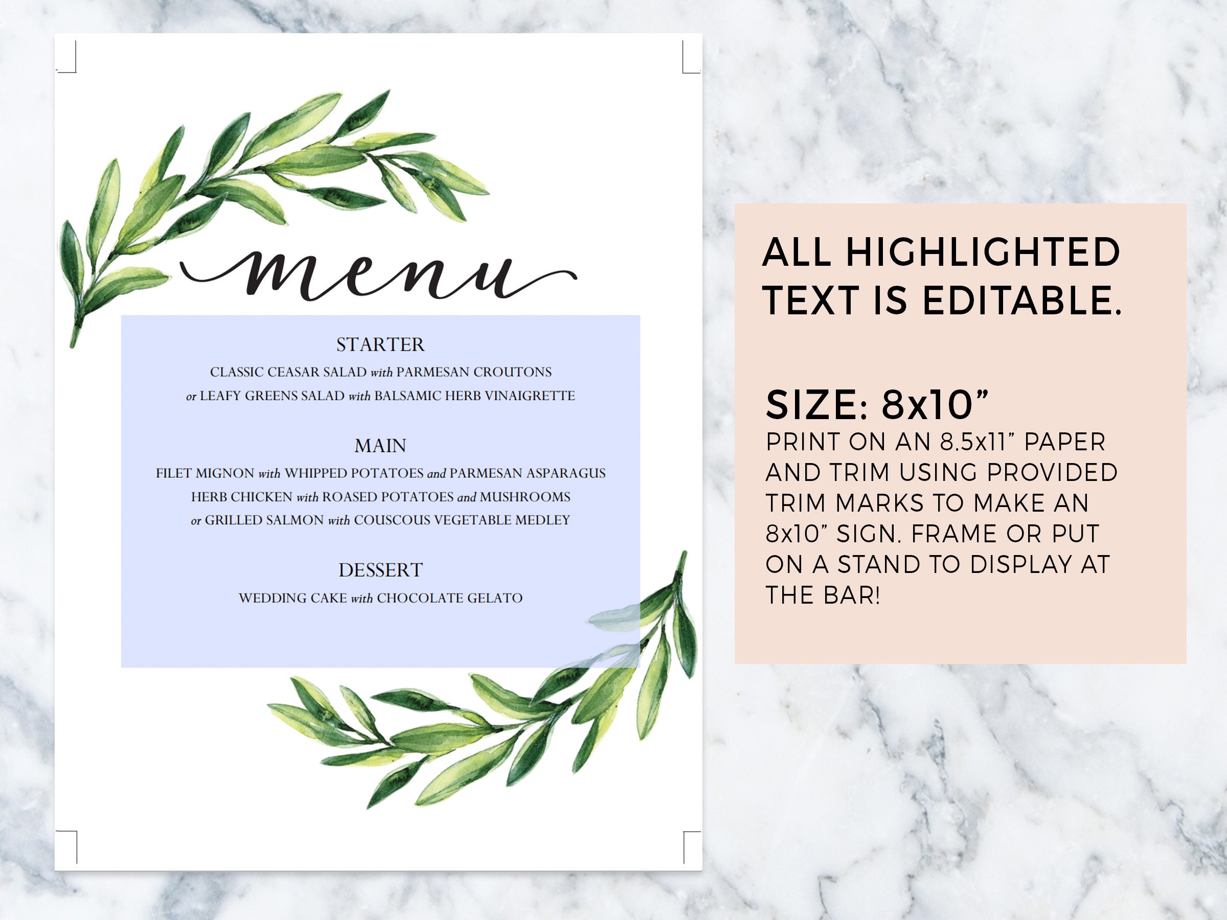 Menu Editable Greenery Leaves Food Dinner Menu Calligraphy - Etsy