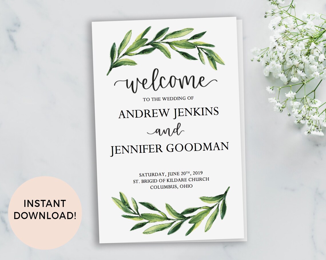 Folding Wedding Program Template Greenery Leaves Garden - Etsy