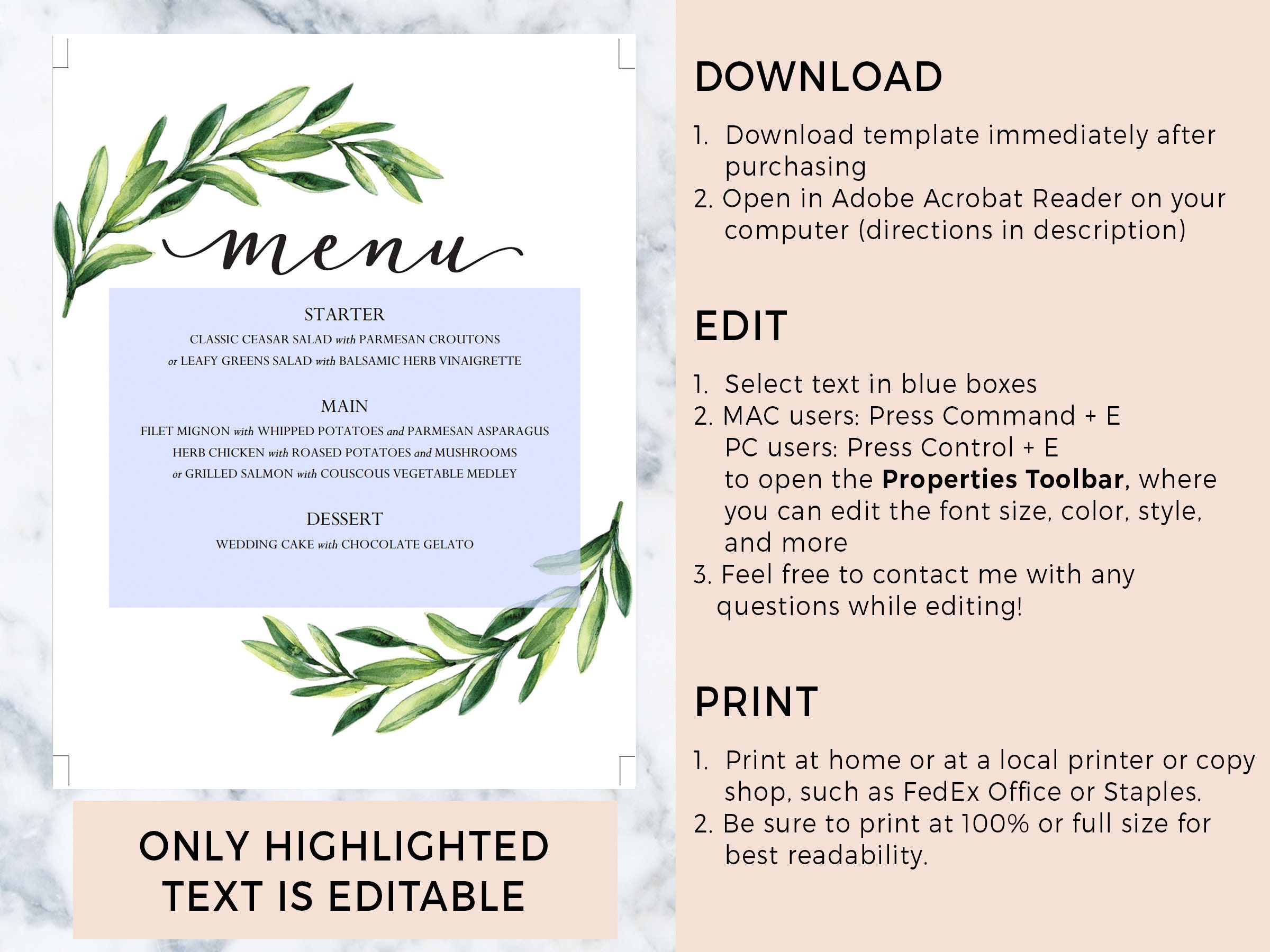 Menu Editable Greenery Leaves Food Dinner Menu Calligraphy - Etsy