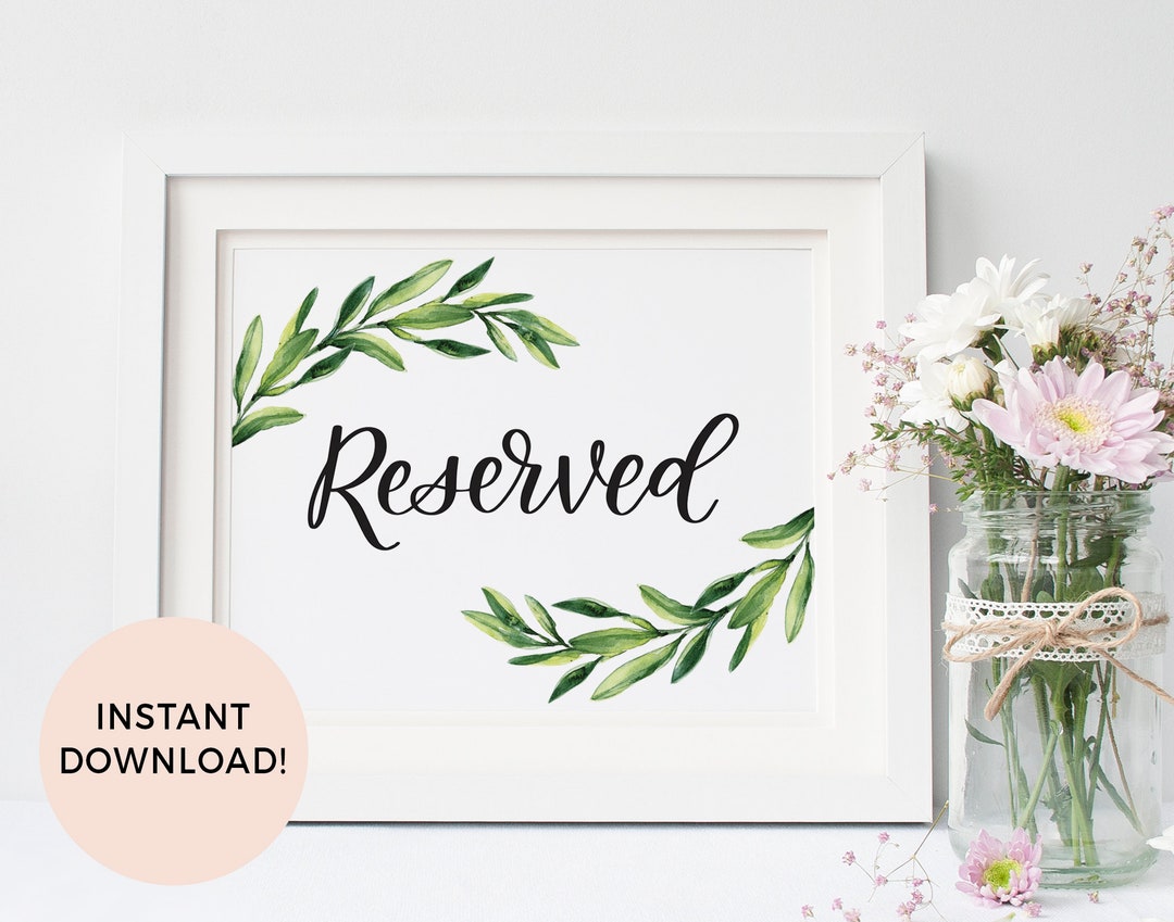 Reserved Table Sign, Greenery Leaves, Classic Calligraphy Modern Rustic ...