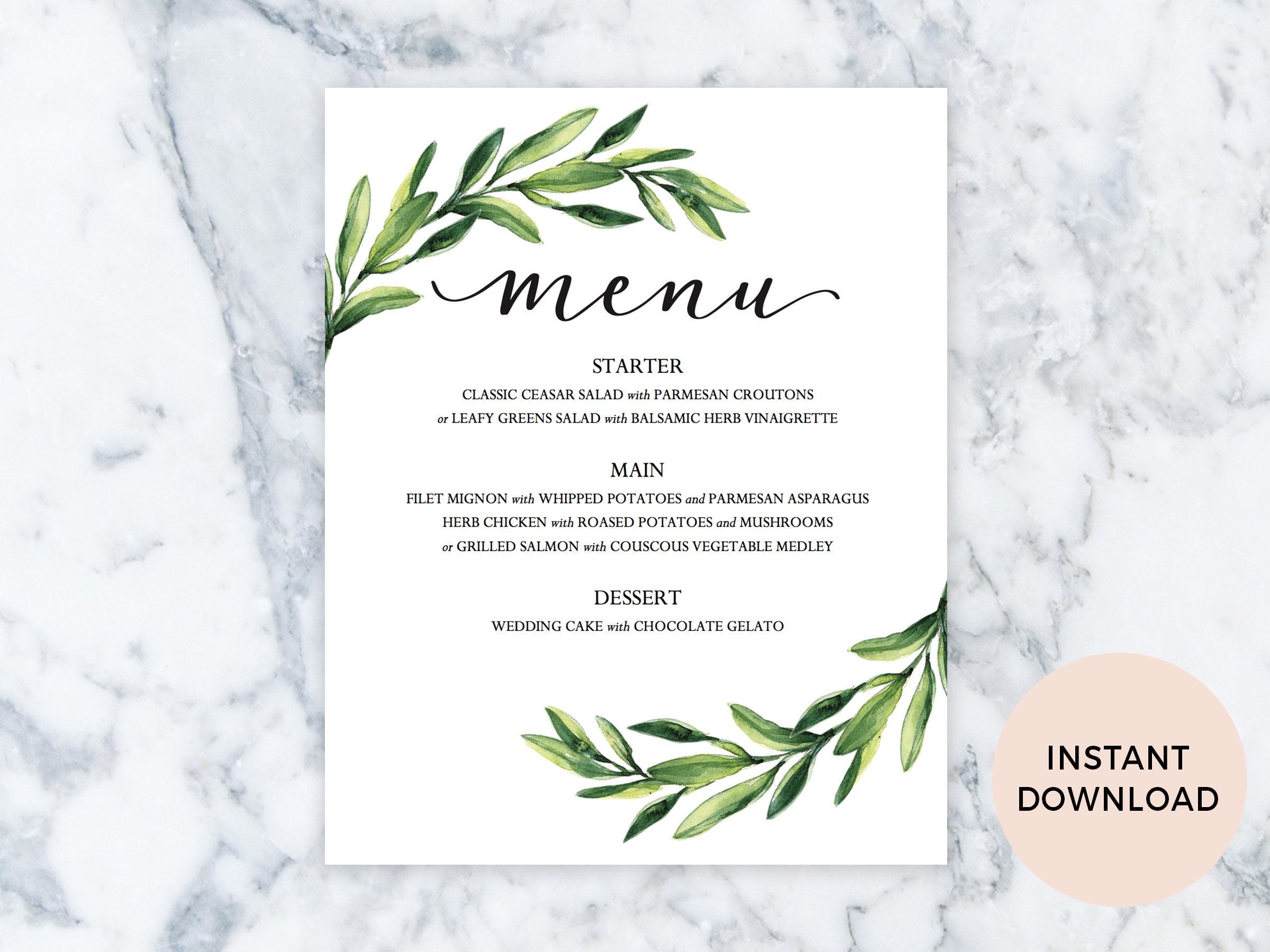 Menu Editable Greenery Leaves Food Dinner Menu Calligraphy - Etsy