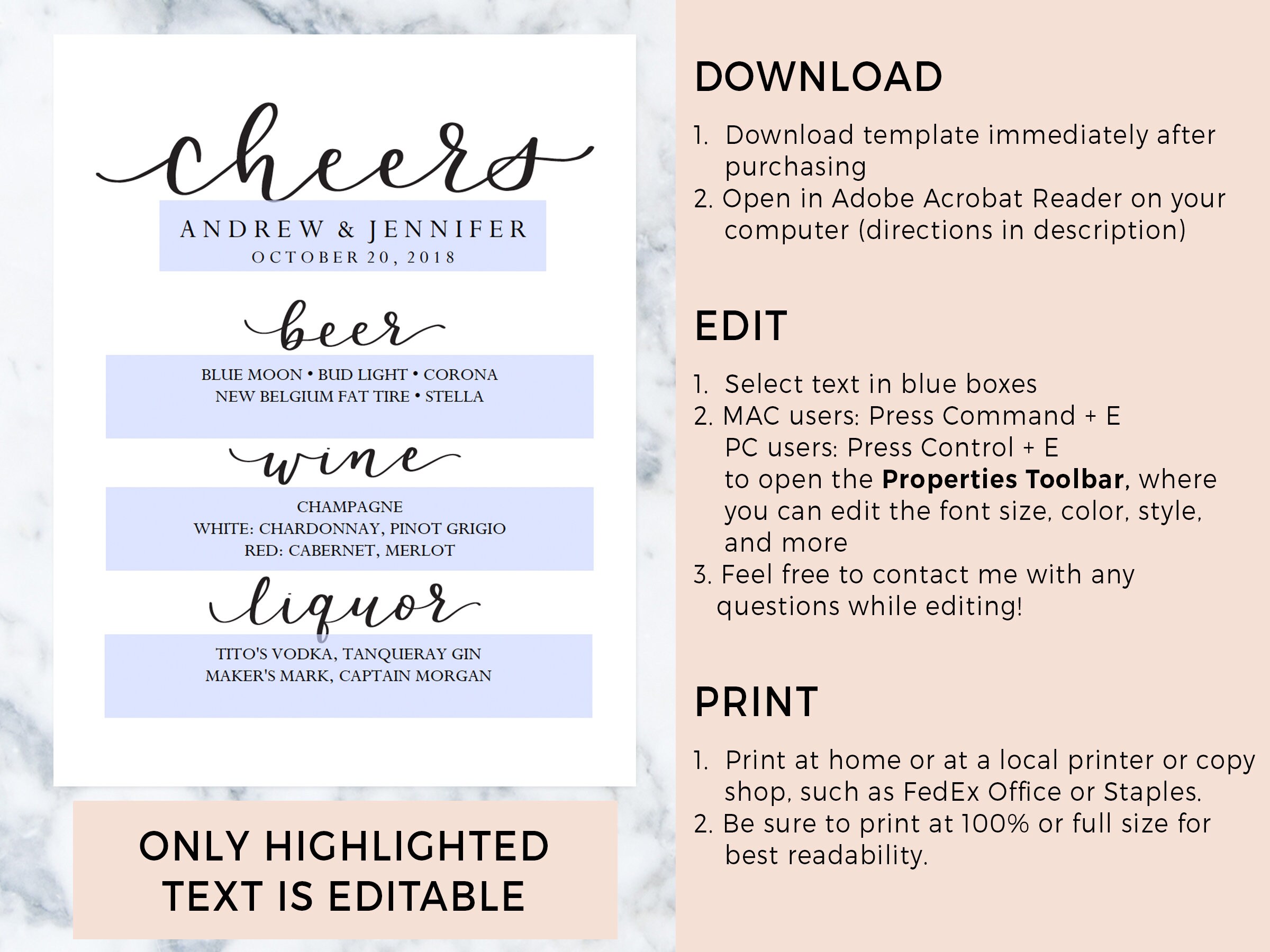 Cheers Editable Drink Menu, Bar Menu, Calligraphy Wedding, Beer Wine ...