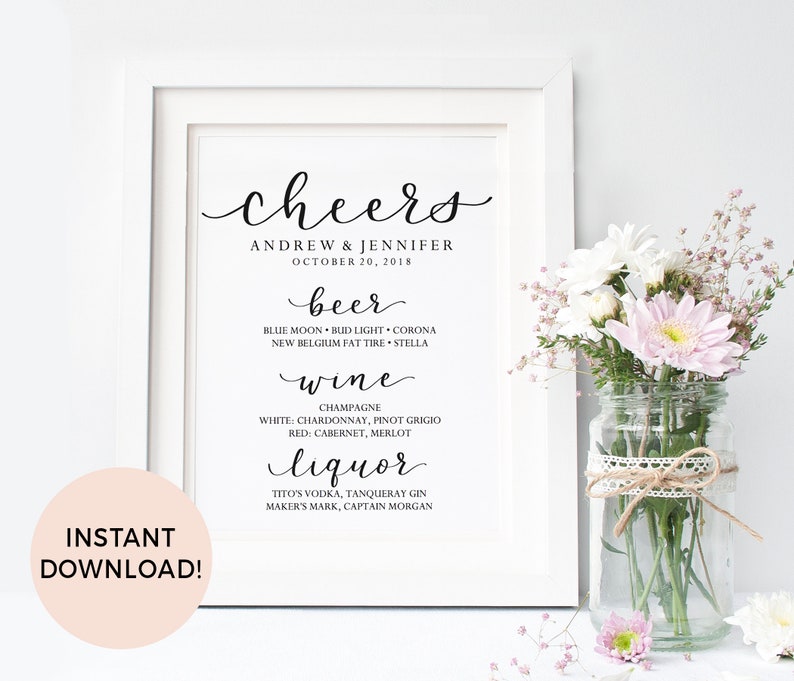 Cheers Editable Drink Menu, Bar Menu, Calligraphy Wedding, Beer Wine ...