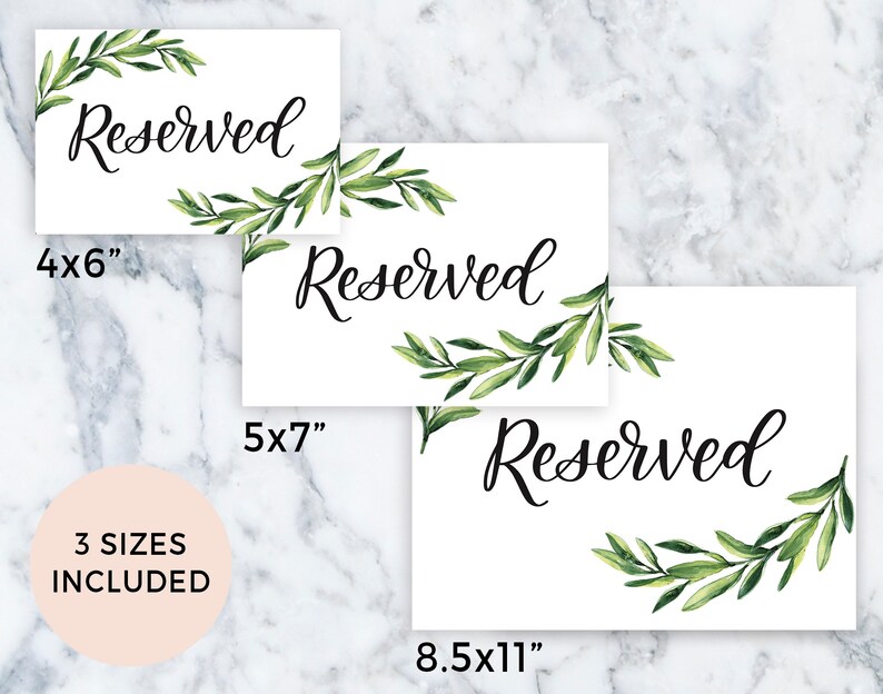 Reserved Table Sign, Greenery Leaves, Classic Calligraphy Modern Rustic ...