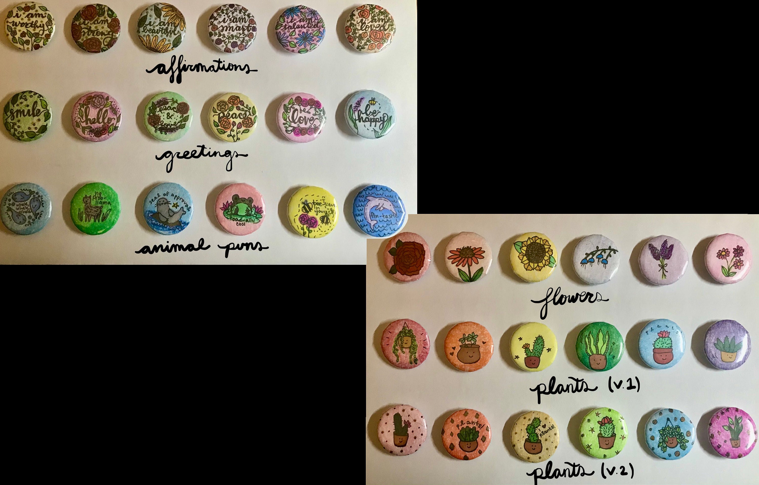 Conjunto de 6 Mini Pines/Botones con Diseños dibujados a mano | Etsy España