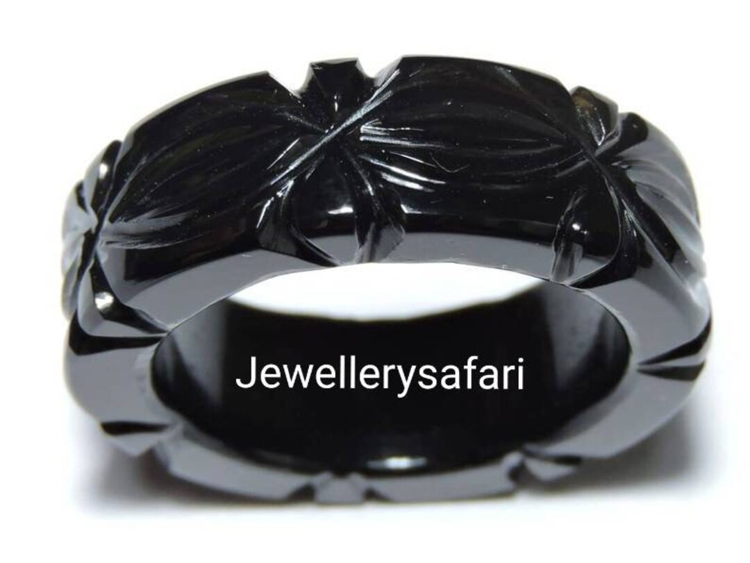 1 Piece Natural Black Onyx Hand Carved Ring Band / Carved Black Onyx ...
