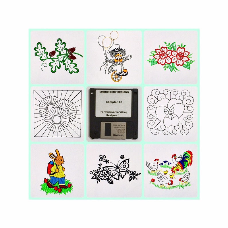 Sampler 3 of 50 Embroidery Designs Floppy Disk for Husqvarna Viking ...