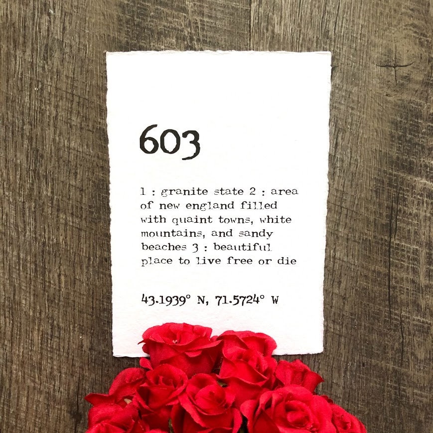New hampshire OR 603 area code definition print in typewriter | Etsy