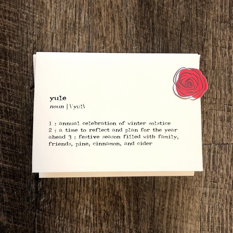 Yule Definition Greeting Card in Typewriter Font With Envelope and Rose ...