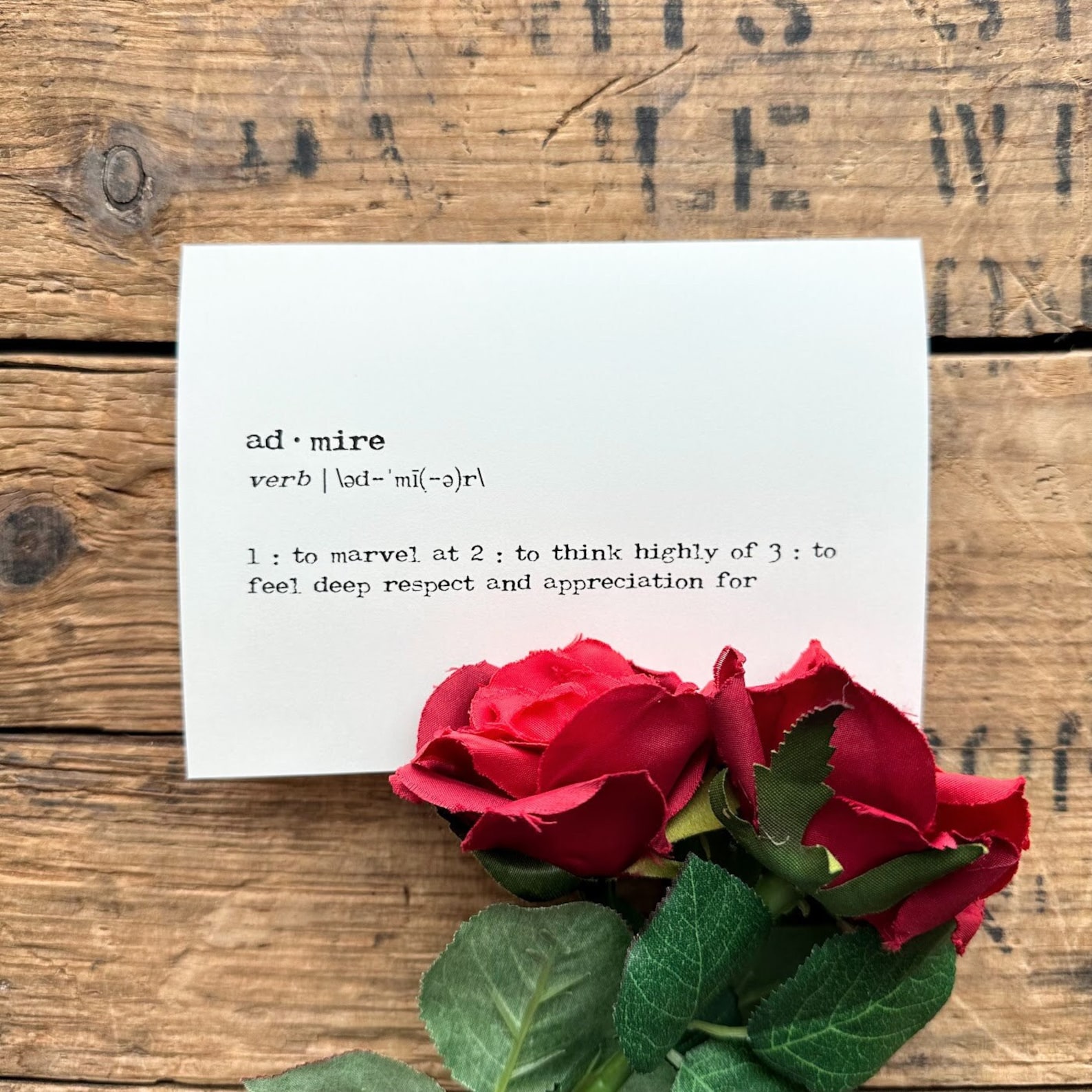 Admire Definition Greeting Card in Typewriter Font With Envelope and ...