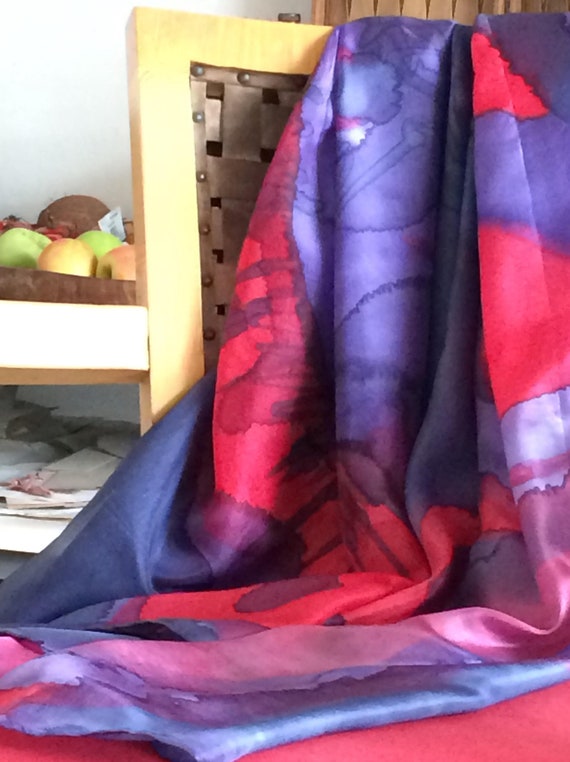 Red & Blue Extra Large Silk Scarf Hand Painted by an Artist | Etsy