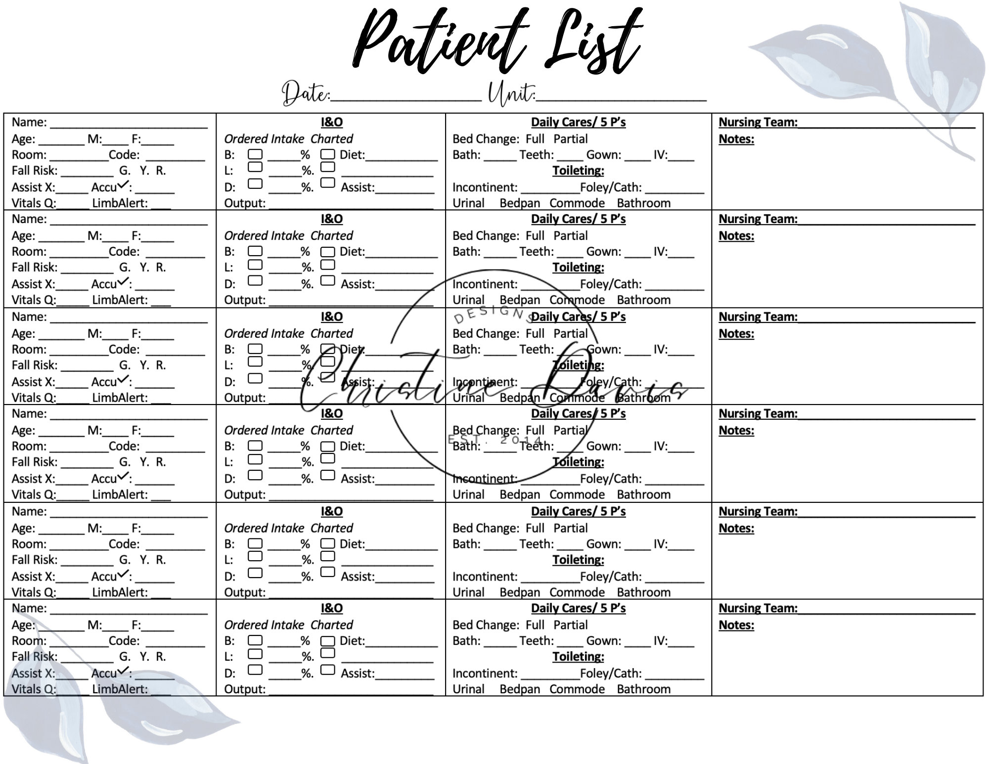 Patient Care Tech Patient List- Blue Leaves - Etsy
