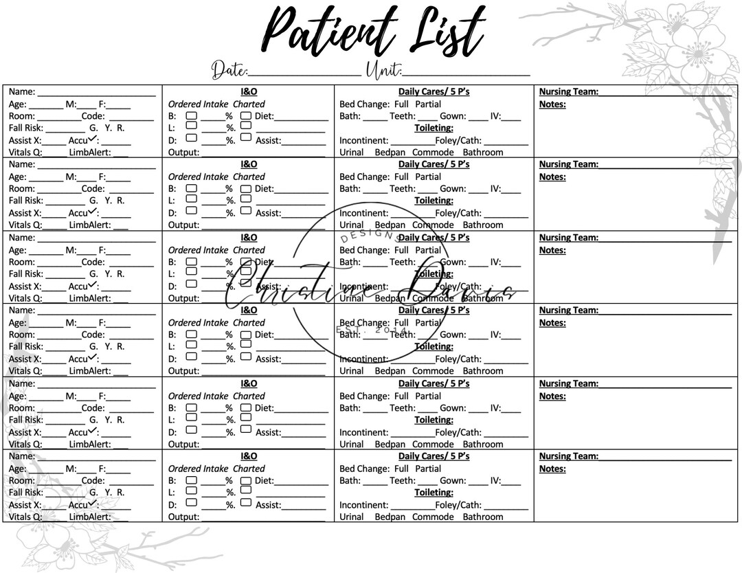 PCT Patient List- Black and White Floral Corners - Etsy