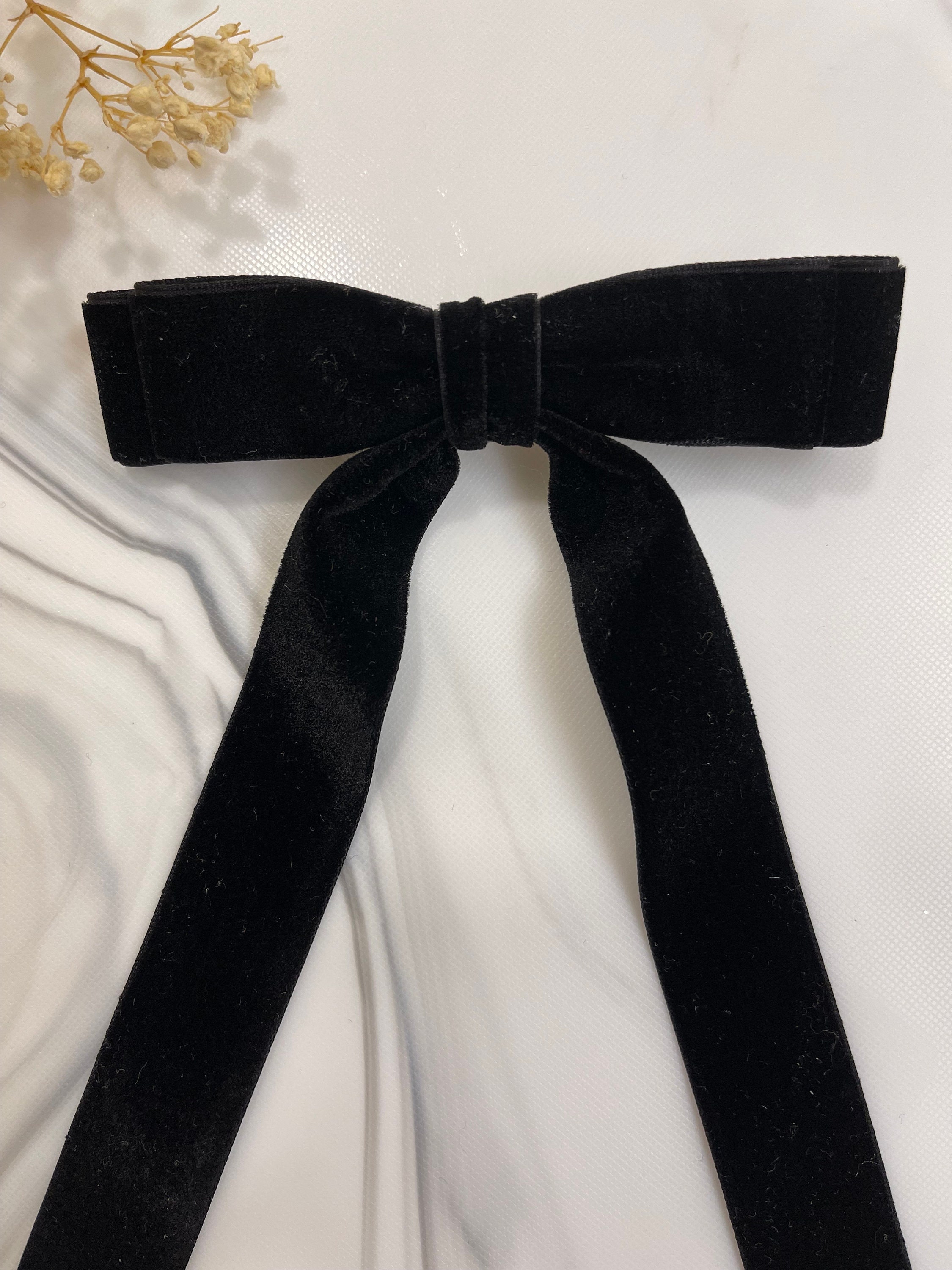 Velvet Hair Bow Long Ribbon Tails, Hair Clip, French Barrette, Black ...