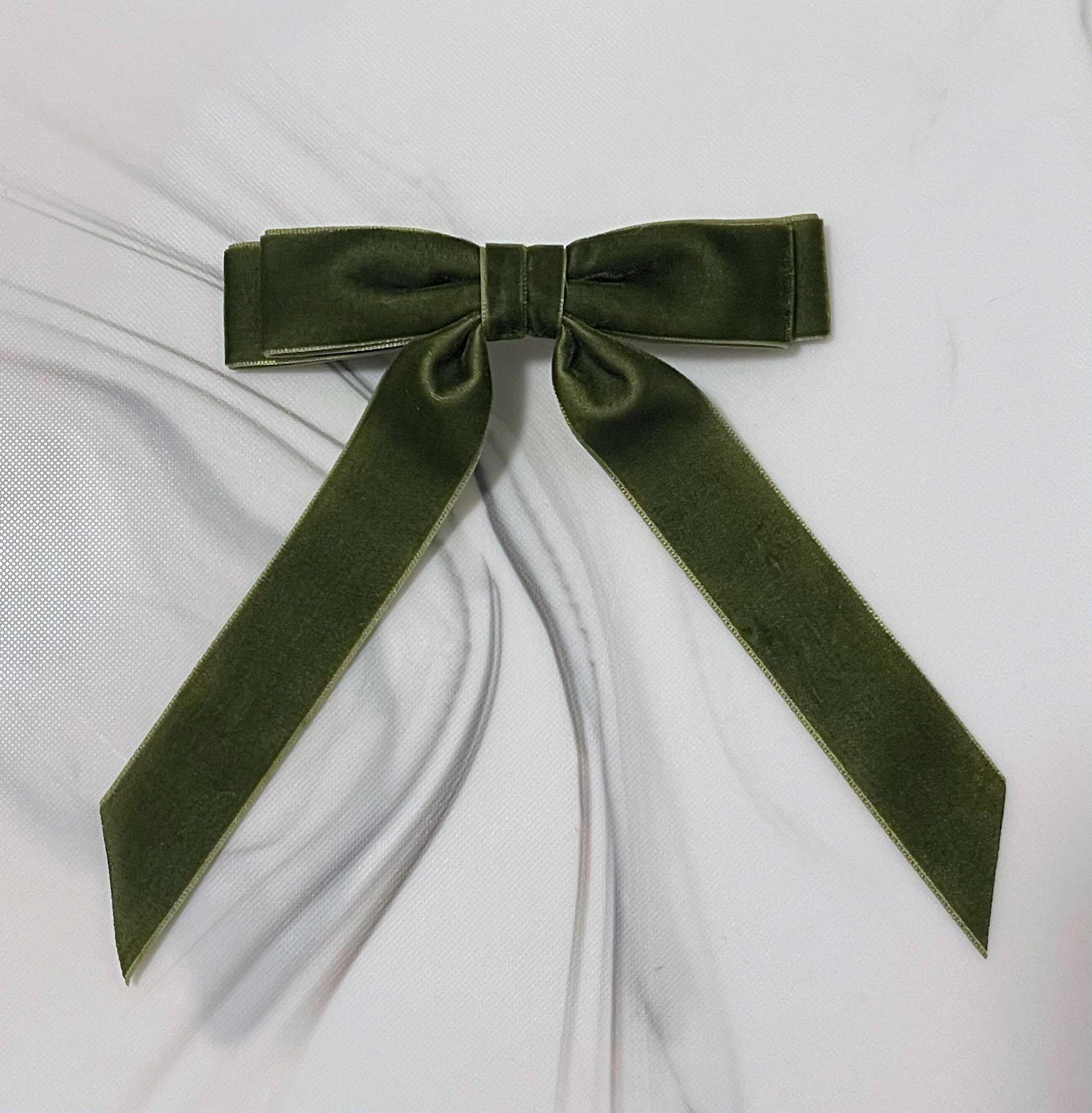 Velvet Hair Bow Long Ribbon Tails, Hair Clip, French Barrette, Olive ...