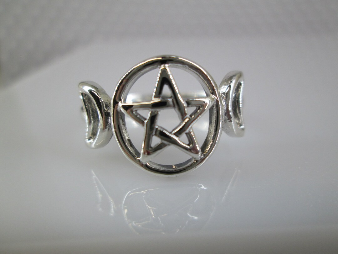 Sterling Silver Pentagram Ring With Crescent Moons>pentacle Ring,celestial Ring,925 Sterling ...