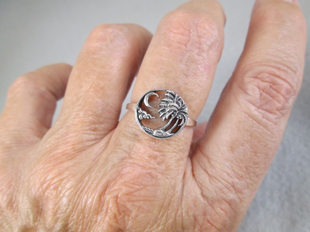 Sterling Silver Coconut Palm Tree and Crescent Moon Ring925 Palm Tree ...