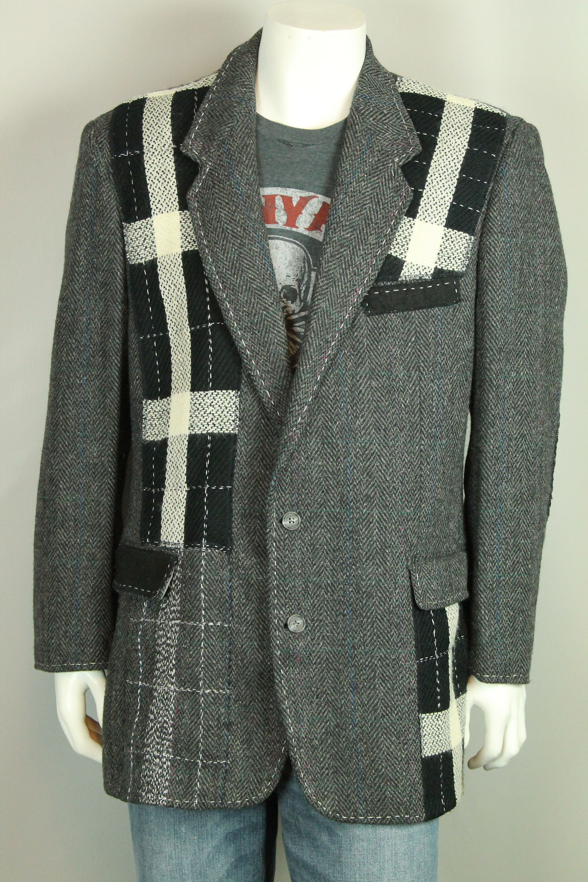 Men's Upcycled Hand Made Embroidered Pure Wool Herringbone Professor ...