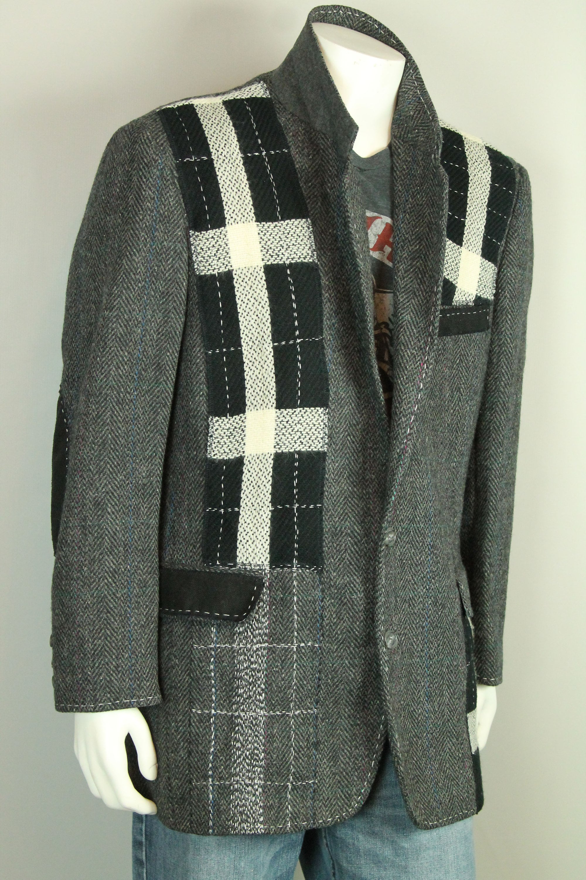 Men's Upcycled Hand Made Embroidered Pure Wool Herringbone Professor ...