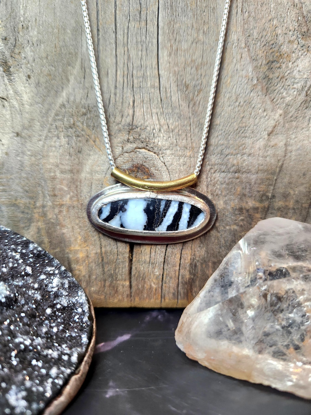 Handmade Zebra Jasper Pendant Necklace – Mixed Metals Sterling Silver ...