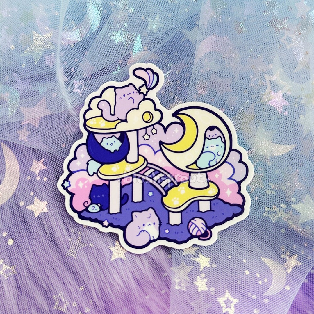Cosmic Cat Tree 3" Vinyl Sticker | Celestial Cute Kawaii Kitty, Moon ...