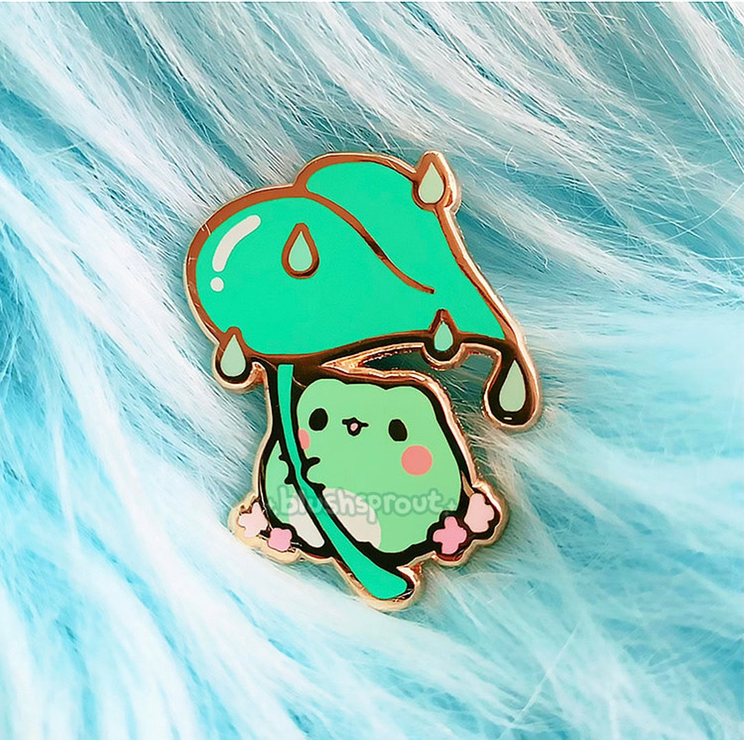 Frog Leaf Umbrella Enamel Pin | Kawaii Froggie Lapel Pin, Rain Flower ...