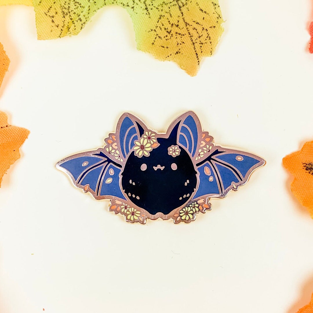 Floral Autumn Bat Enamel Pin Cute Black Bat, Flower Animal Pin, Cute ...