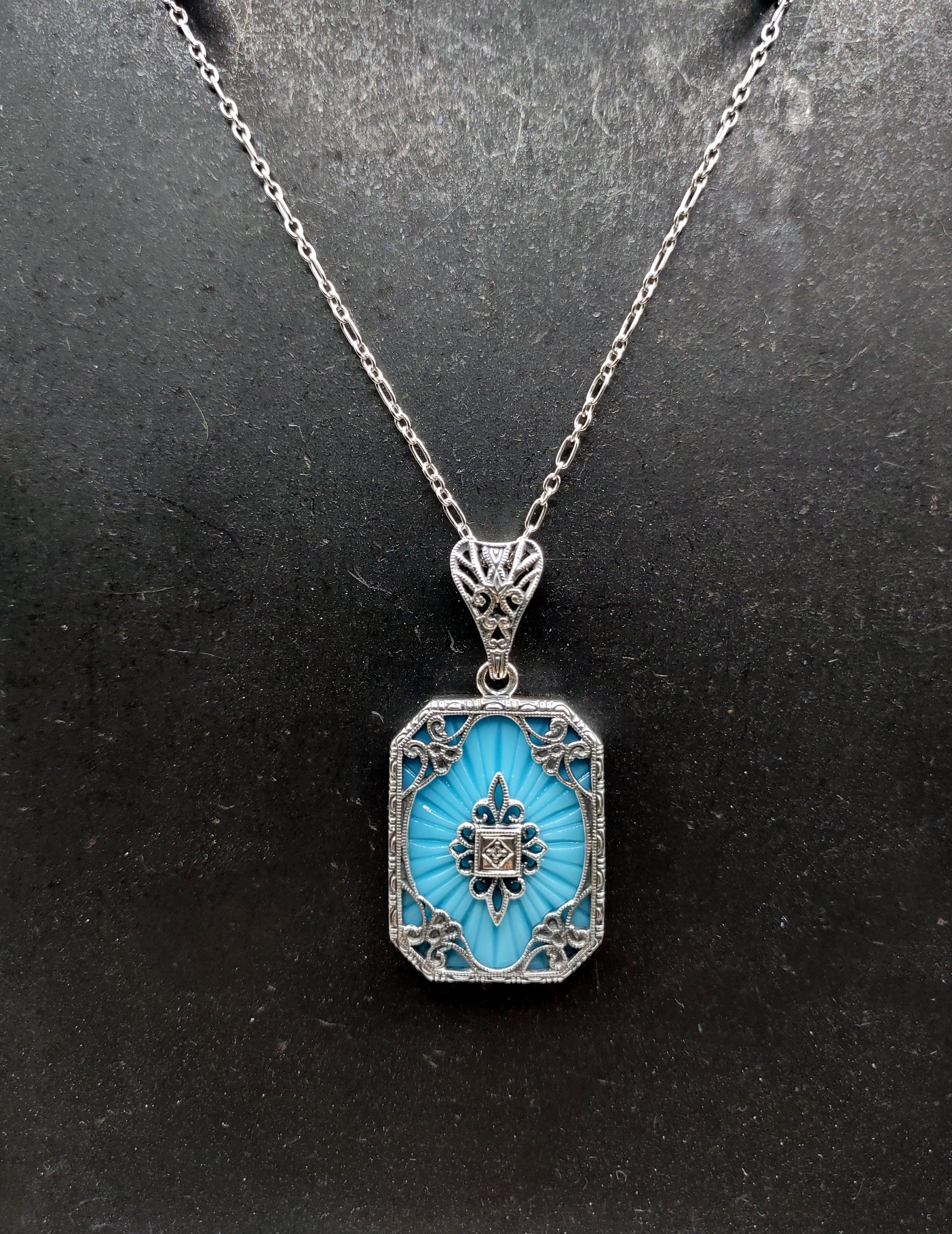 Art Deco Style Turquoise Camphor Glass With Sunray Pattern and 18 ...