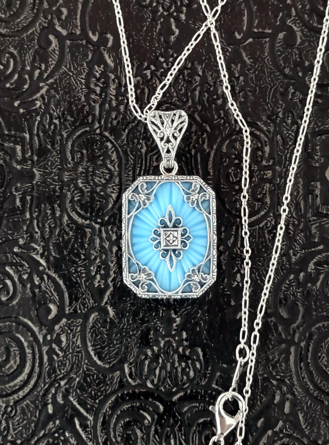 Art Deco Style Turquoise Camphor Glass With Sunray Pattern and 18 ...