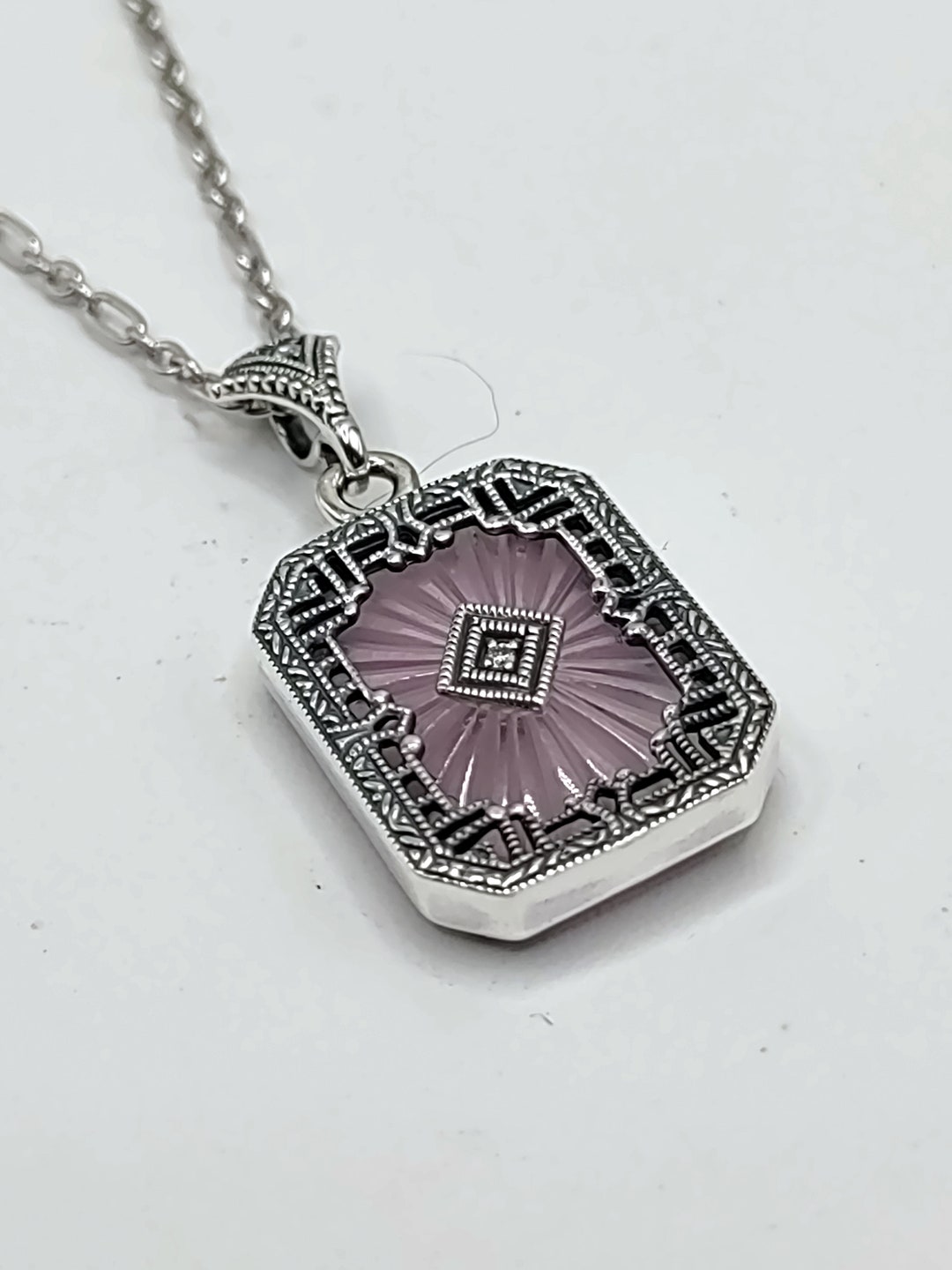 Art Deco Style Pink Camphor Glass With Sunray Pattern and 18" Paperclip ...