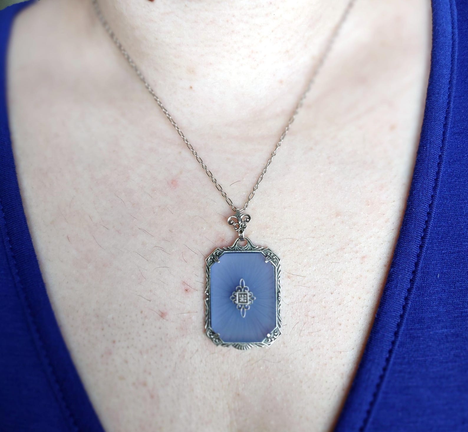 Art Deco Blue Camphor Glass Necklace: Vintage Sunray Pendant - Etsy