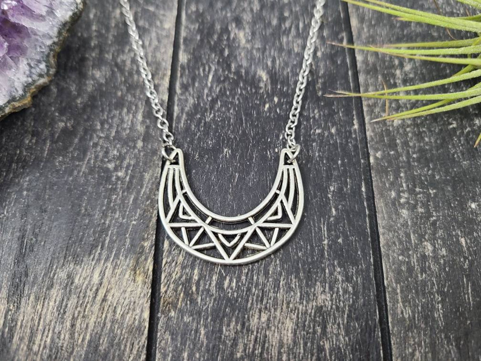 Silver Geometric Crescent Moon Necklace, Silver Plated Brass Crescent ...