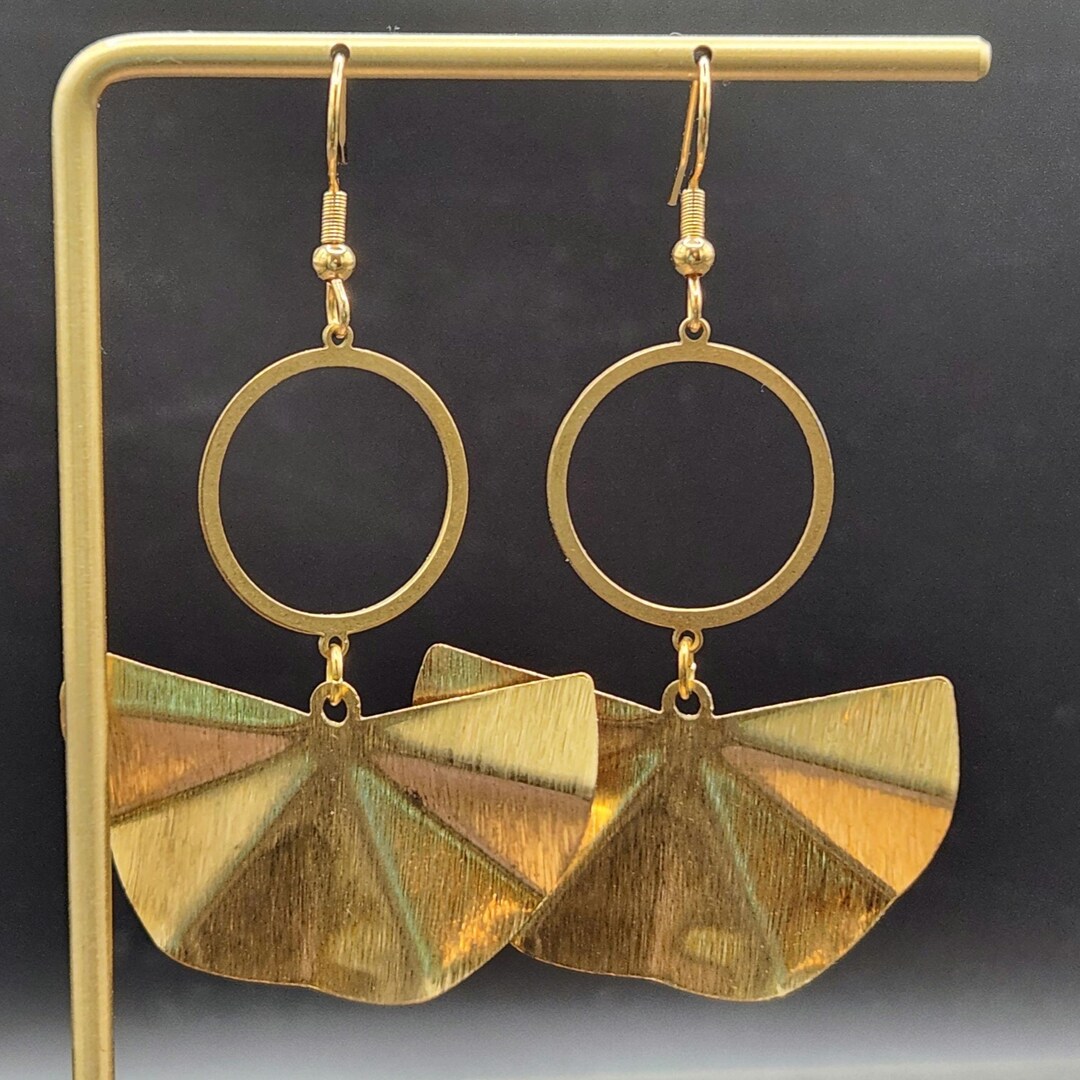 Brushed Brass Fan Earrings • Art Deco Statement Dangles • Geometric ...