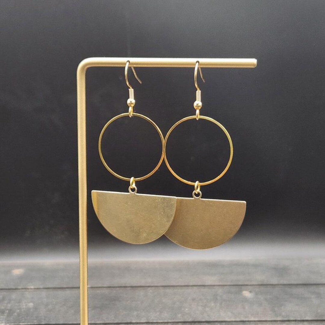 Brass Statement Earrings • Gold Geometric Earrings • Half Moon Earrings ...