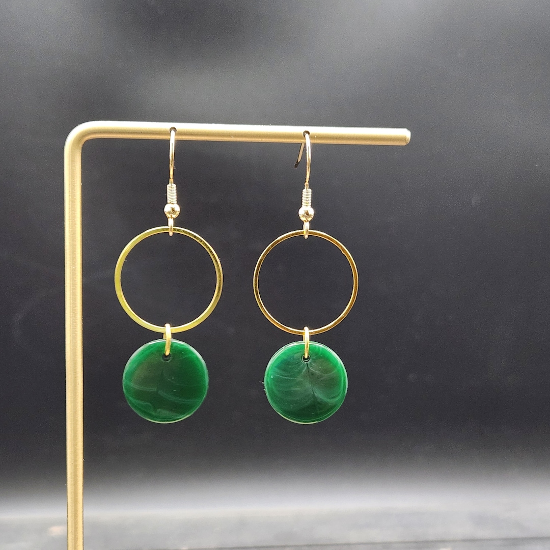 Green Acrylic Earrings - Green and Gold Earrings, Round Green Earrings ...