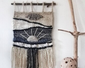 Woven Wall Hanging Modern Wool Home Decor Grey White Black | Etsy