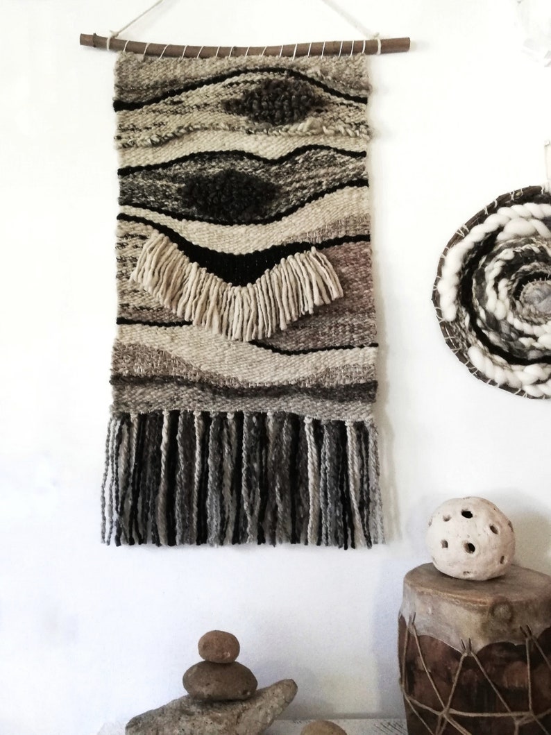 Woven wall hanging Modern wool home decor Grey white black | Etsy